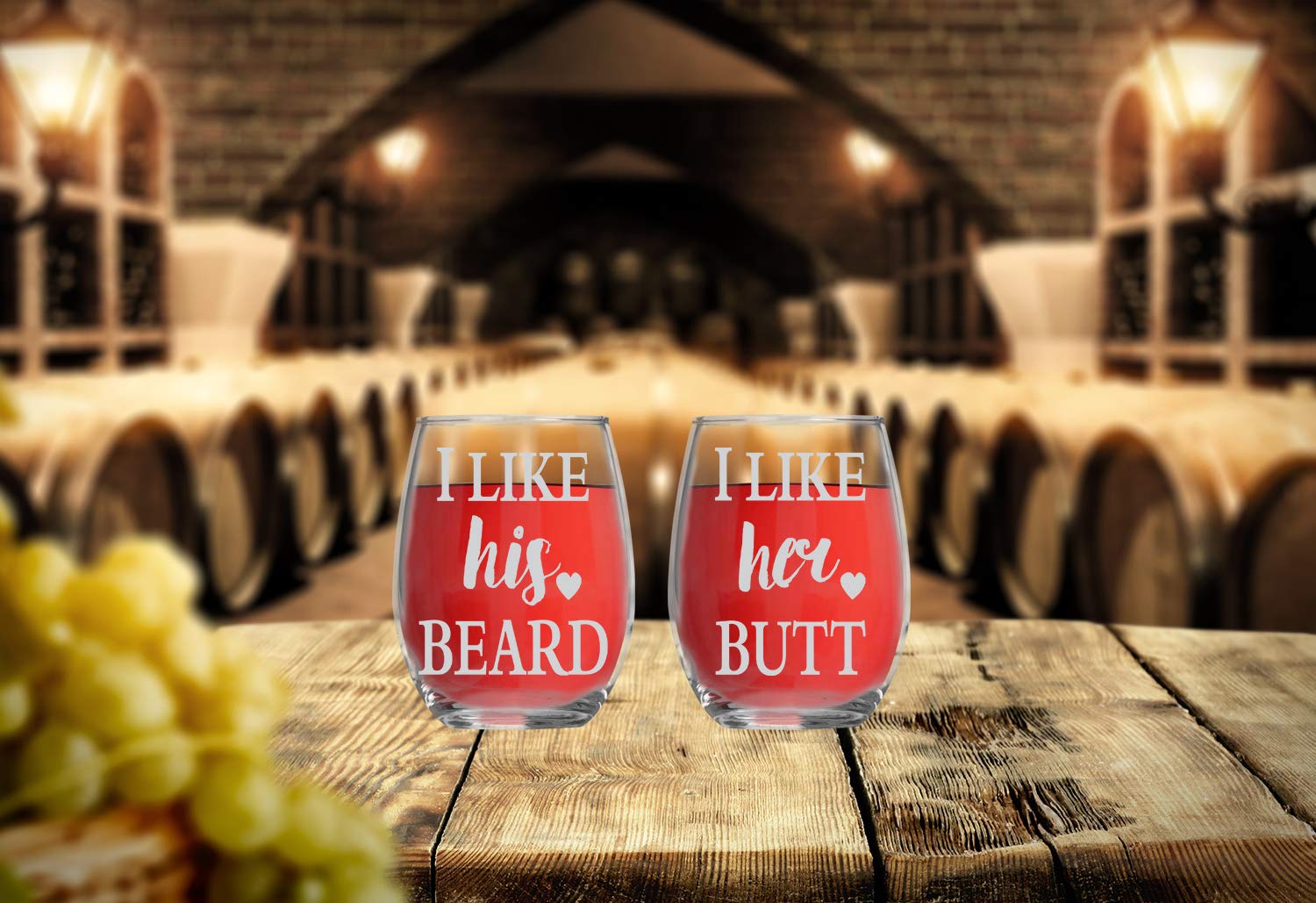 I Like His Beard, I Like Her Butt - 15oz Crystal Wine Glasses - Couples Stemless Wine Glasses – His And Hers Gifts Ideas For Anniversary, Weddings, Bridal Showers