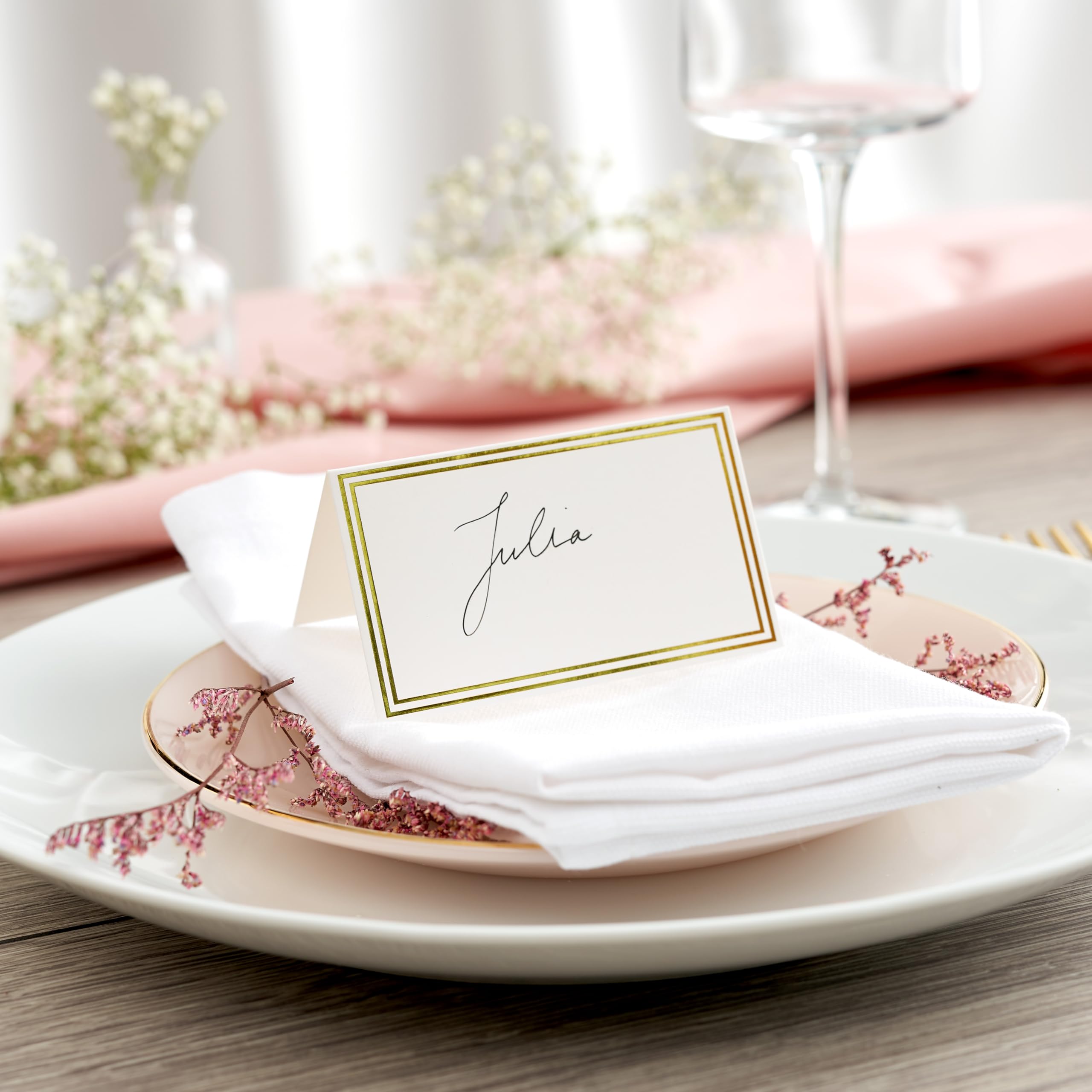 THE TWIDDLERS 200 Name Place Cards for Wedding Table Setting 3.5" x 2" Inch, White Blank Tent Name Cards with Gold Foil Border for Banquet, Reserved Seating, Dinner Parties