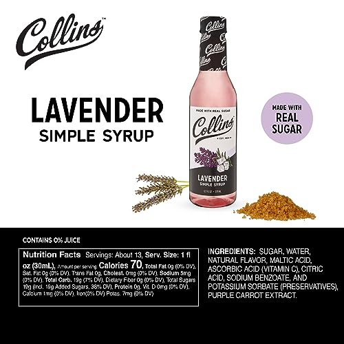 Collins Lavender Syrup - Lavender Simple Syrup Real Sugar Cocktail Syrups - Soda Water Flavors and Cocktail Mixers - 12.7oz Set of 1