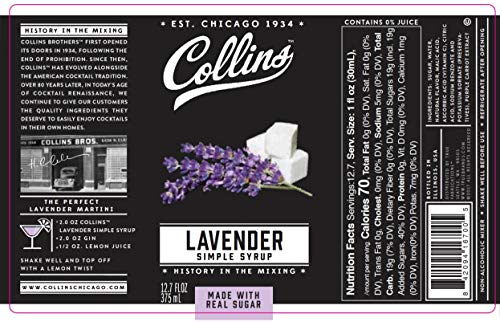 Collins Lavender Syrup - Lavender Simple Syrup Real Sugar Cocktail Syrups - Soda Water Flavors and Cocktail Mixers - 12.7oz Set of 1