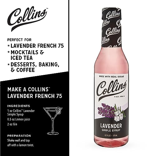 Collins Lavender Syrup - Lavender Simple Syrup Real Sugar Cocktail Syrups - Soda Water Flavors and Cocktail Mixers - 12.7oz Set of 1