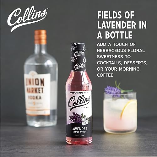 Collins Lavender Syrup - Lavender Simple Syrup Real Sugar Cocktail Syrups - Soda Water Flavors and Cocktail Mixers - 12.7oz Set of 1