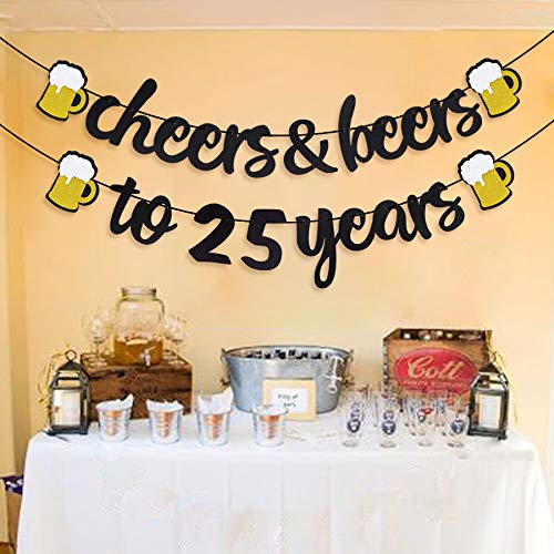 25th Birthday Decorations Cheers and Beers to 25 Years Banner Black Glitter Happy Birthday Wedding Anniversary Party Supplies