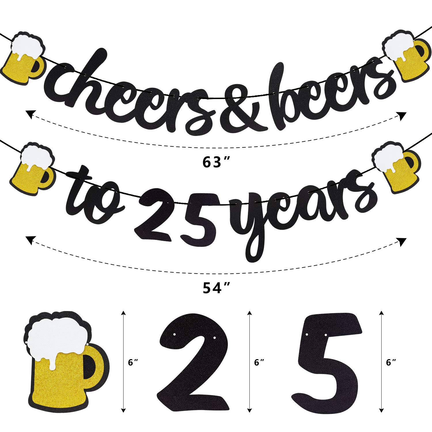 25th Birthday Decorations Cheers and Beers to 25 Years Banner Black Glitter Happy Birthday Wedding Anniversary Party Supplies