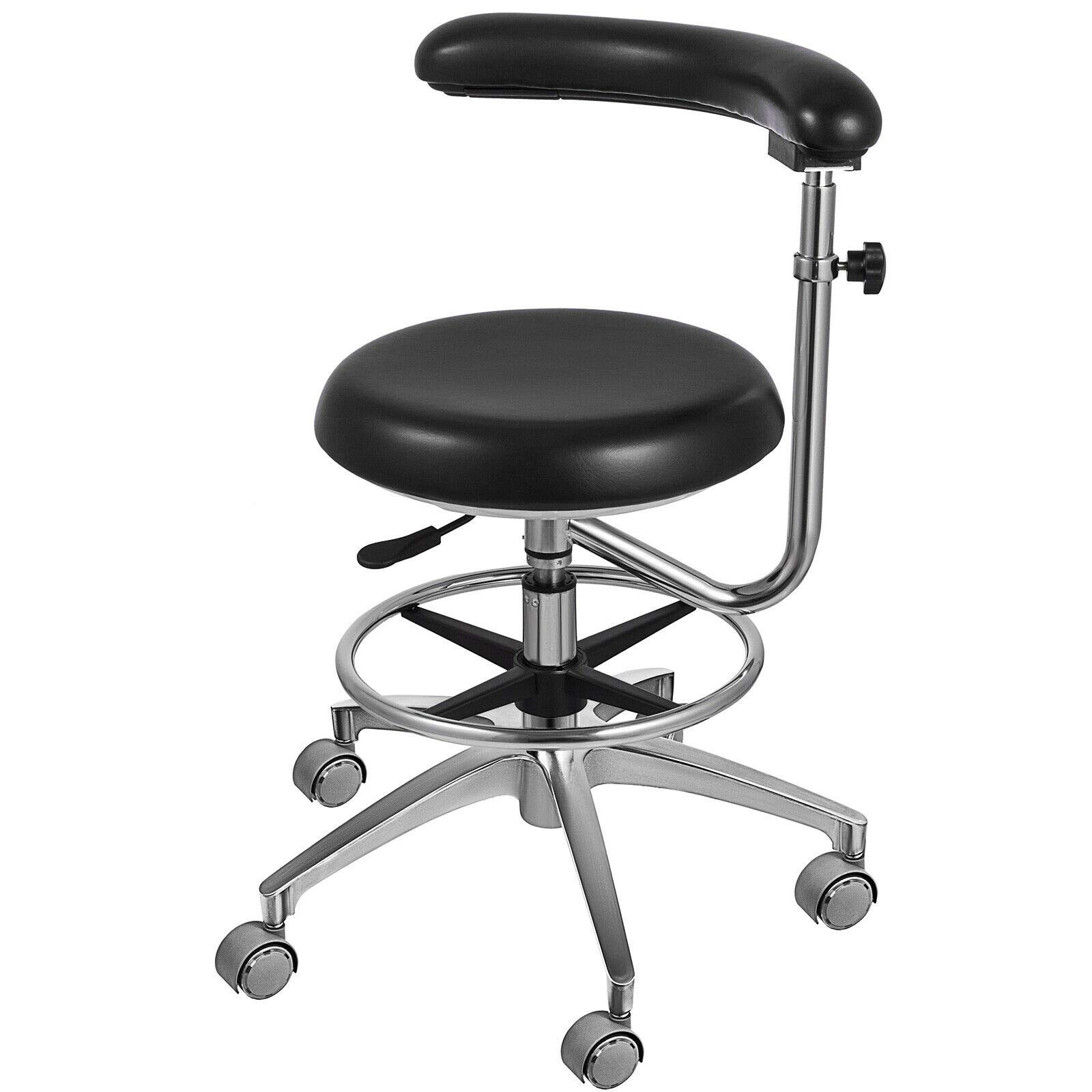 Aries Outlets Black Dental Assistant Stool 360° Rotation Armrest PU Leather Backrest Medical Office