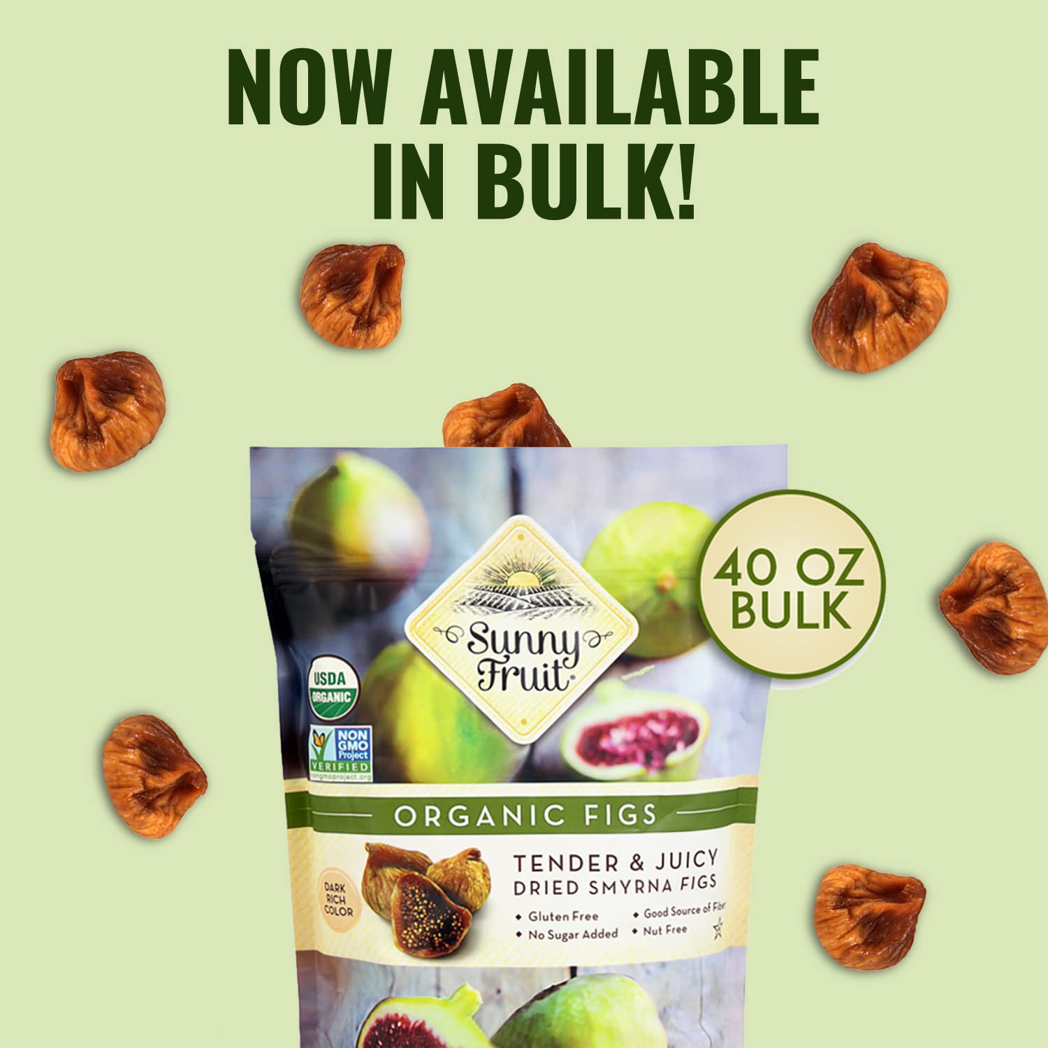 Organic Rehydrated Dried Smyrna Figs - Sunny Fruit 40oz Bulk Bag | Tender & Juicy - NO Added Sugars, Sulfurs or Preservatives | ALLERGEN-FRIENDLY, VEGAN, KOSHER & HALAL