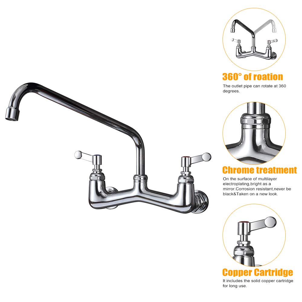 JZBRAIN 8 Inch Center Commercial Faucet Wall Mount Kitchen Faucet with Swing Spout, Heavy Duty Wall Mount Faucets Brass Chrome Brushed Wall Mounted Kitchen Sink Faucets (8 inch center,14 inch spout)