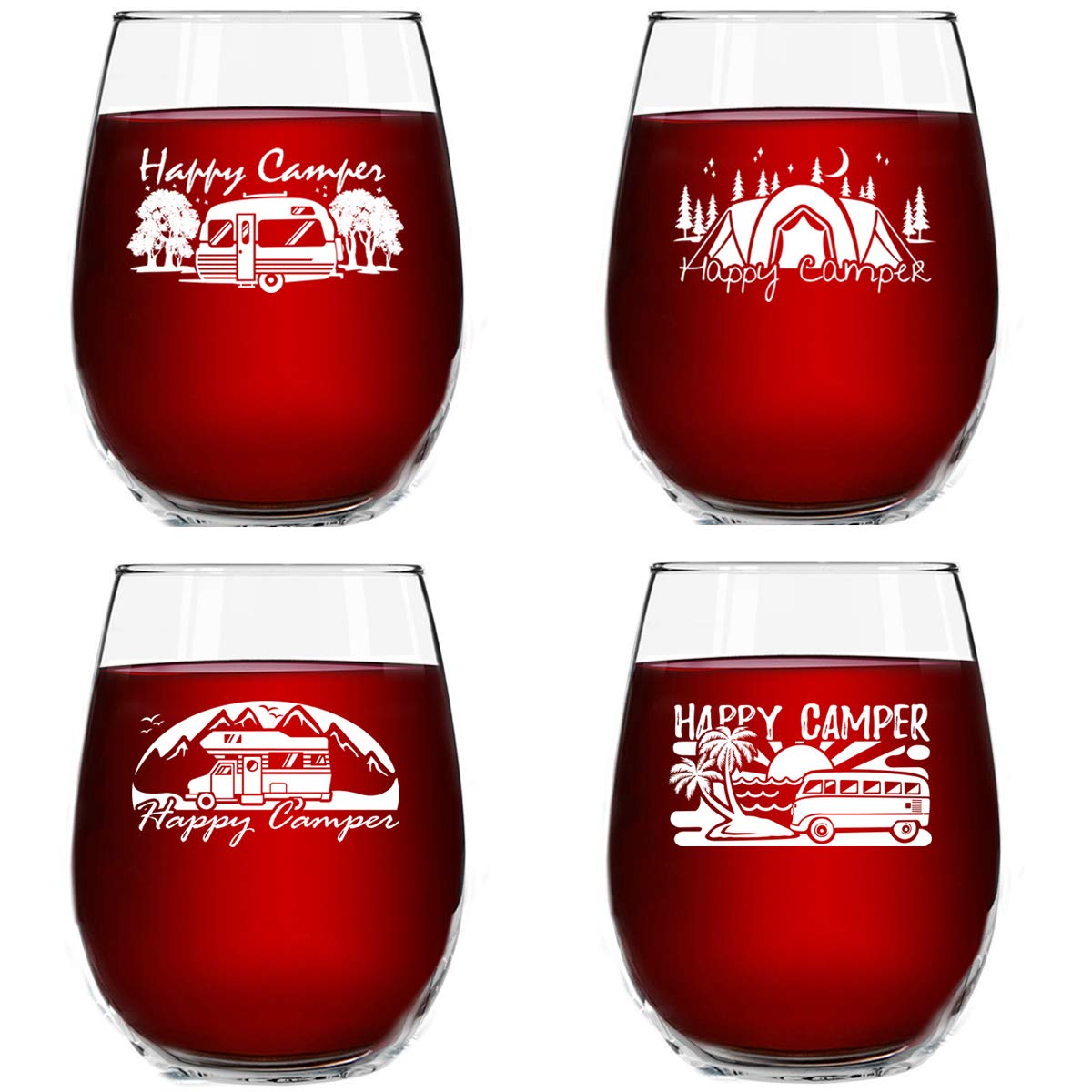 DU VINO Set of 4 Happy Camper Wine Glasses (15 oz) | Travel | Funny & Humorous RV Camp Gifts for Women | Glamping Accessories | Stemless Wine Glasses Made in USA