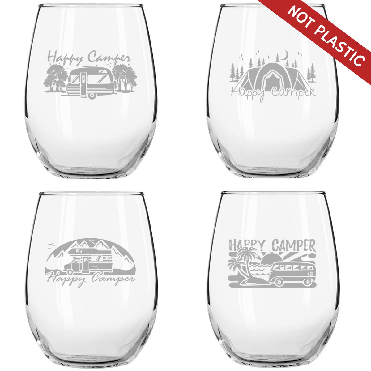 DU VINO Set of 4 Happy Camper Wine Glasses (15 oz) | Travel | Funny & Humorous RV Camp Gifts for Women | Glamping Accessories | Stemless Wine Glasses Made in USA