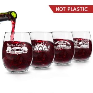 DU VINO Set of 4 Happy Camper Wine Glasses (15 oz) | Travel | Funny & Humorous RV Camp Gifts for Women | Glamping Accessories | Stemless Wine Glasses Made in USA