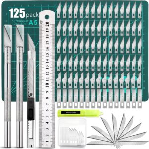 125 pcs precision hobby knife kit,110 pcs carving blades with 2 handles, 11pcs sk5 art blades with 1 handles, cutting board, steel rule, craft knife set for diy art work, scrapbook.