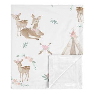 sweet jojo designs boho watercolor woodland deer floral baby girl receiving security swaddle blanket for newborn or toddler nursery car seat stroller soft minky - blush pink, mint green and white