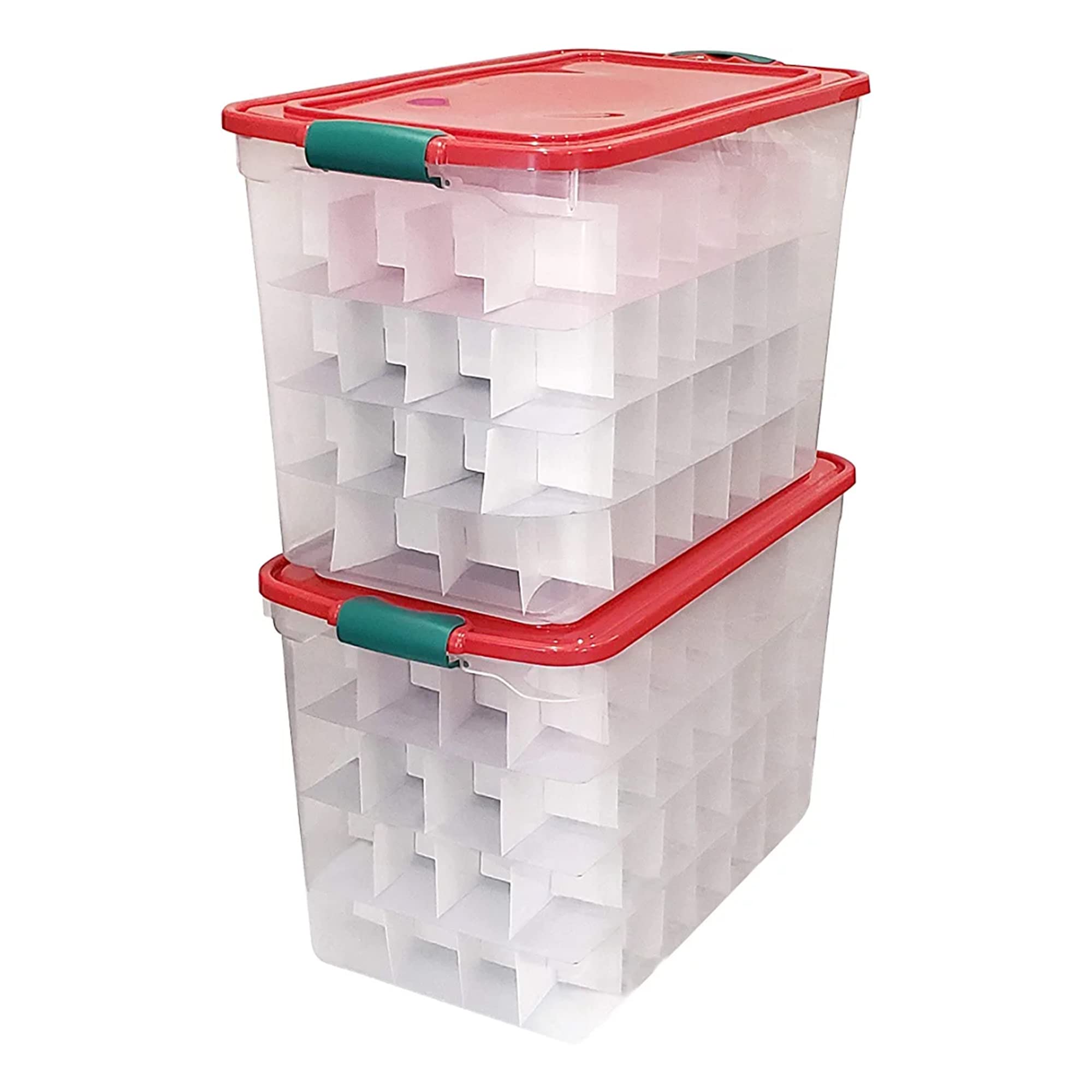 Homz 112 Quart Stackable Durable Plastic Clear Base Holiday Storage Container Tote Box with Latching Carry Handles and Dividers, Clear (2 Pack)