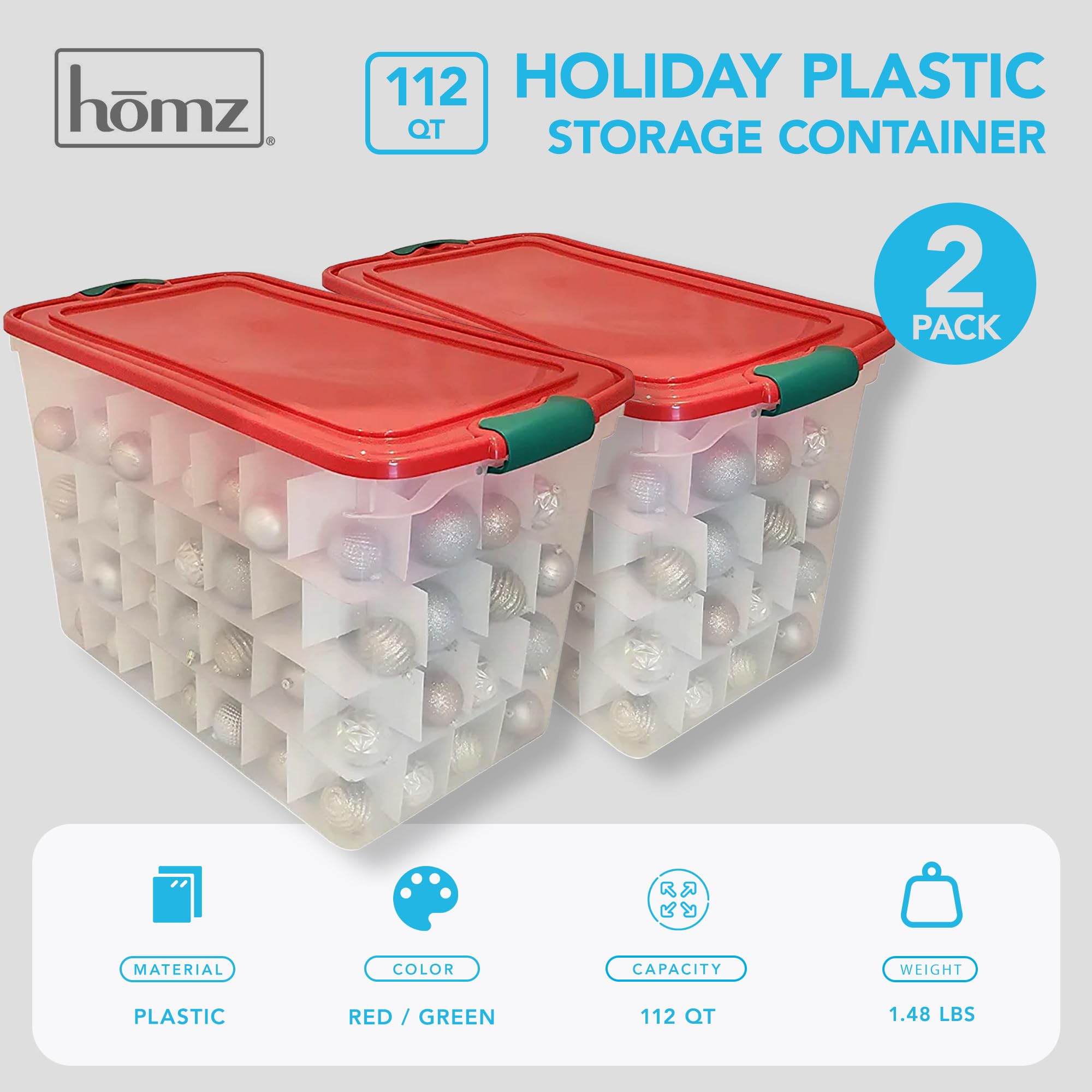 Homz 112 Quart Stackable Durable Plastic Clear Base Holiday Storage Container Tote Box with Latching Carry Handles and Dividers, Clear (2 Pack)