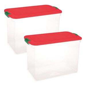 Homz 112 Quart Stackable Durable Plastic Clear Base Holiday Storage Container Tote Box with Latching Carry Handles and Dividers, Clear (2 Pack)