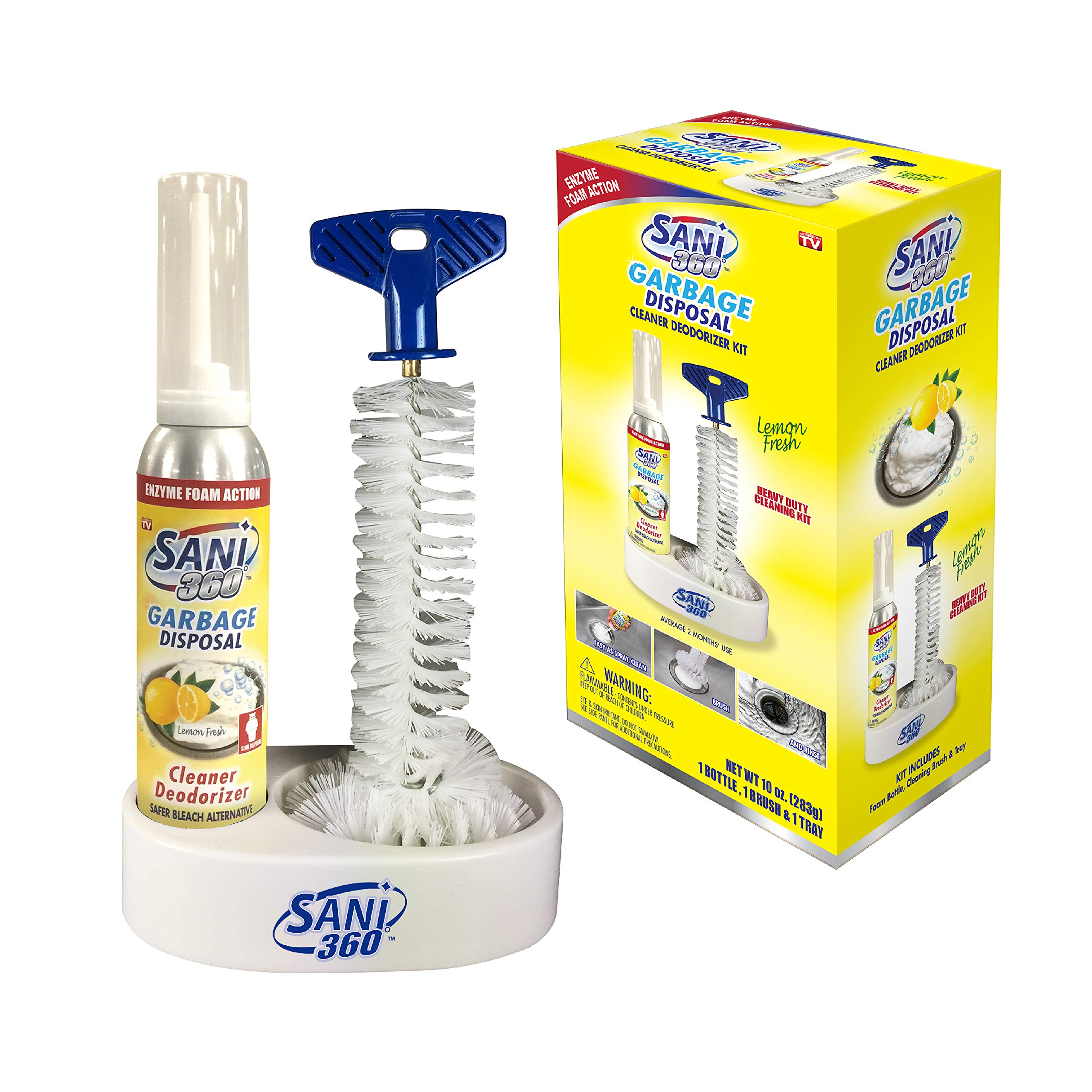 SANI 360° Sani Sticks Garbage Disposal Cleaner Kit —Lemon Scent, 10 oz Bottle of Foam with Cleaning Brush and Tray - 8 to 10 Uses