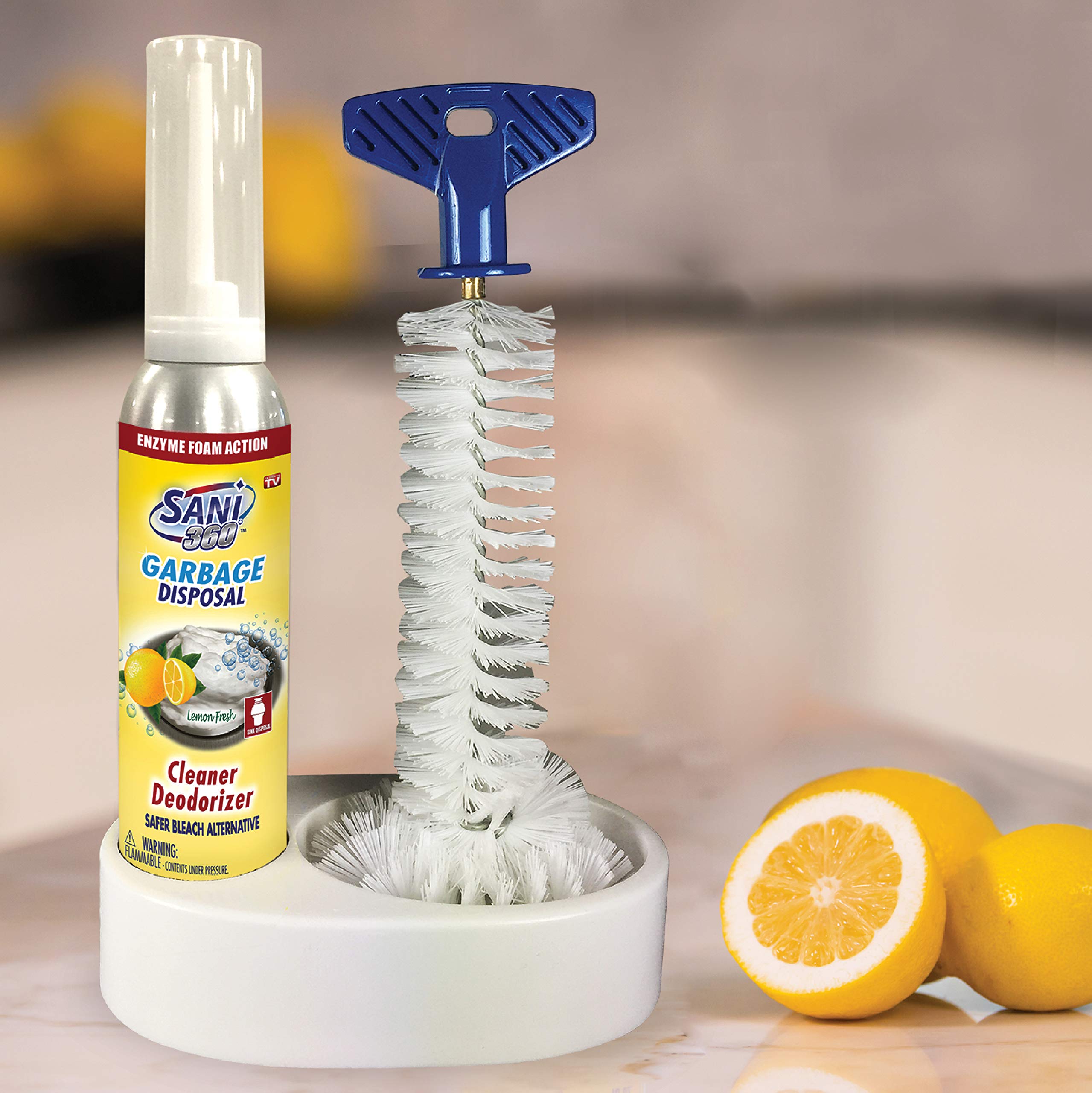 SANI 360° Sani Sticks Garbage Disposal Cleaner Kit —Lemon Scent, 10 oz Bottle of Foam with Cleaning Brush and Tray - 8 to 10 Uses