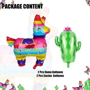 2 Pcs Llama Shaped Jumbo Mylar Foil Balloon and 2 Pcs Cactus Foil Balloons Mexican Fiesta Theme Party Decorations Birthday Baby Shower Decor Supplies