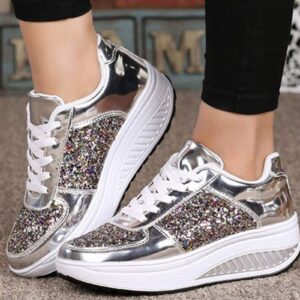 Yu Li Womens Glitter Fashion Sneakers Lace-up Rocking Shoes Bling Walking Shoes Silver 38