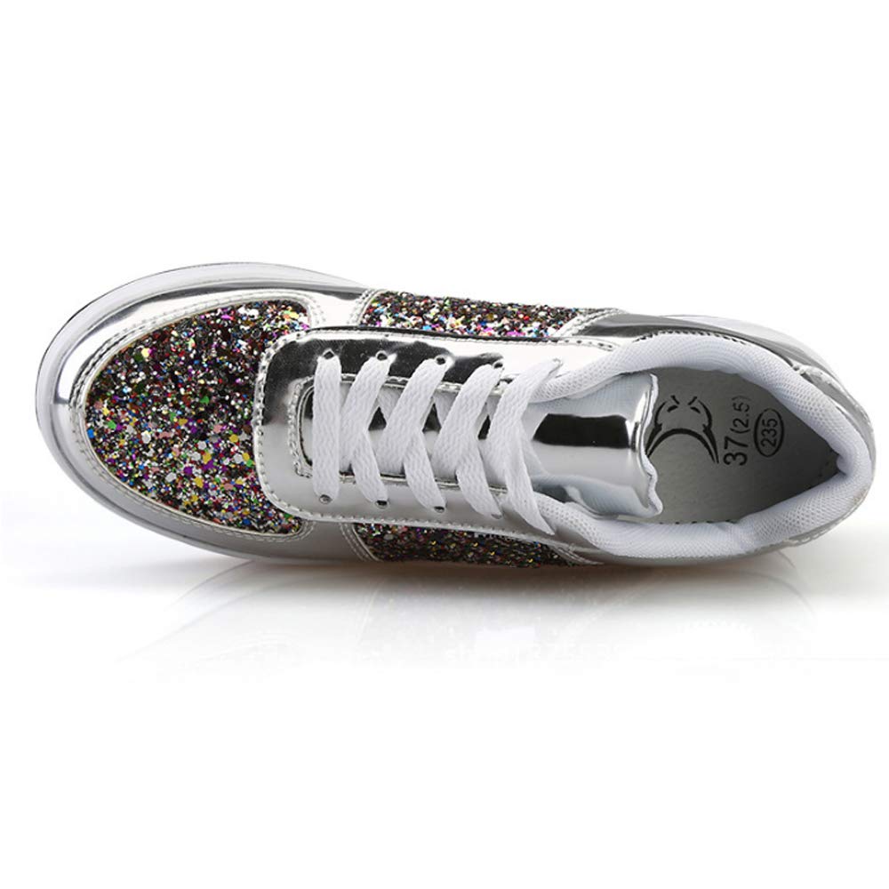 Yu Li Womens Glitter Fashion Sneakers Lace-up Rocking Shoes Bling Walking Shoes Silver 38