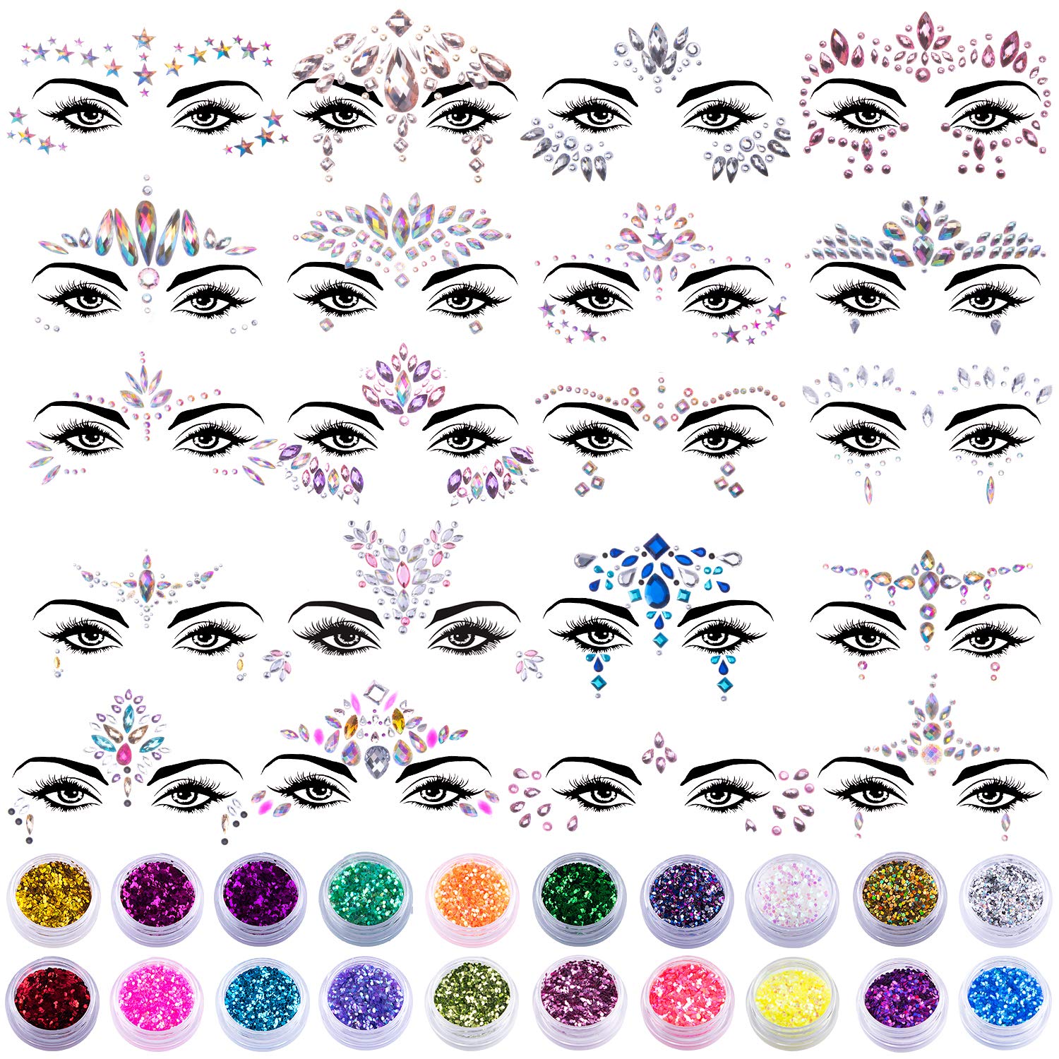 SIQUK 20 Sets Face Jewels Glitter Mermaid Face Jewel Stickers with 20 Boxes Chunky Face Glitter Crystal Face Gem for Festival Rave Carnival Party