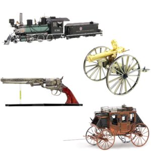 fascinations metal earth 3d metal model kits wild west set of 4 - revolver - stagecoach - gatling gun - 2-6-0 locomotive