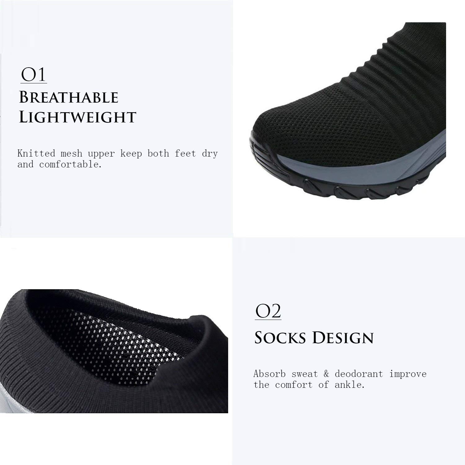 JITTUE Walking Shoes for Women Sneakers Athletic Non Slip on Fashion Running Platform Sock Mesh Lightweight Wedge Shoes (Black US 5.5)