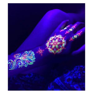 Temporary Tattoos for Glow Party UV Blacklight – 1 Sheet Lotus Floral Body Paint Art Light Festival Accessories Glow in the Dark Makeup | 7.2” x 5.2” Temp Great for EDM EDC Party Rave Parties