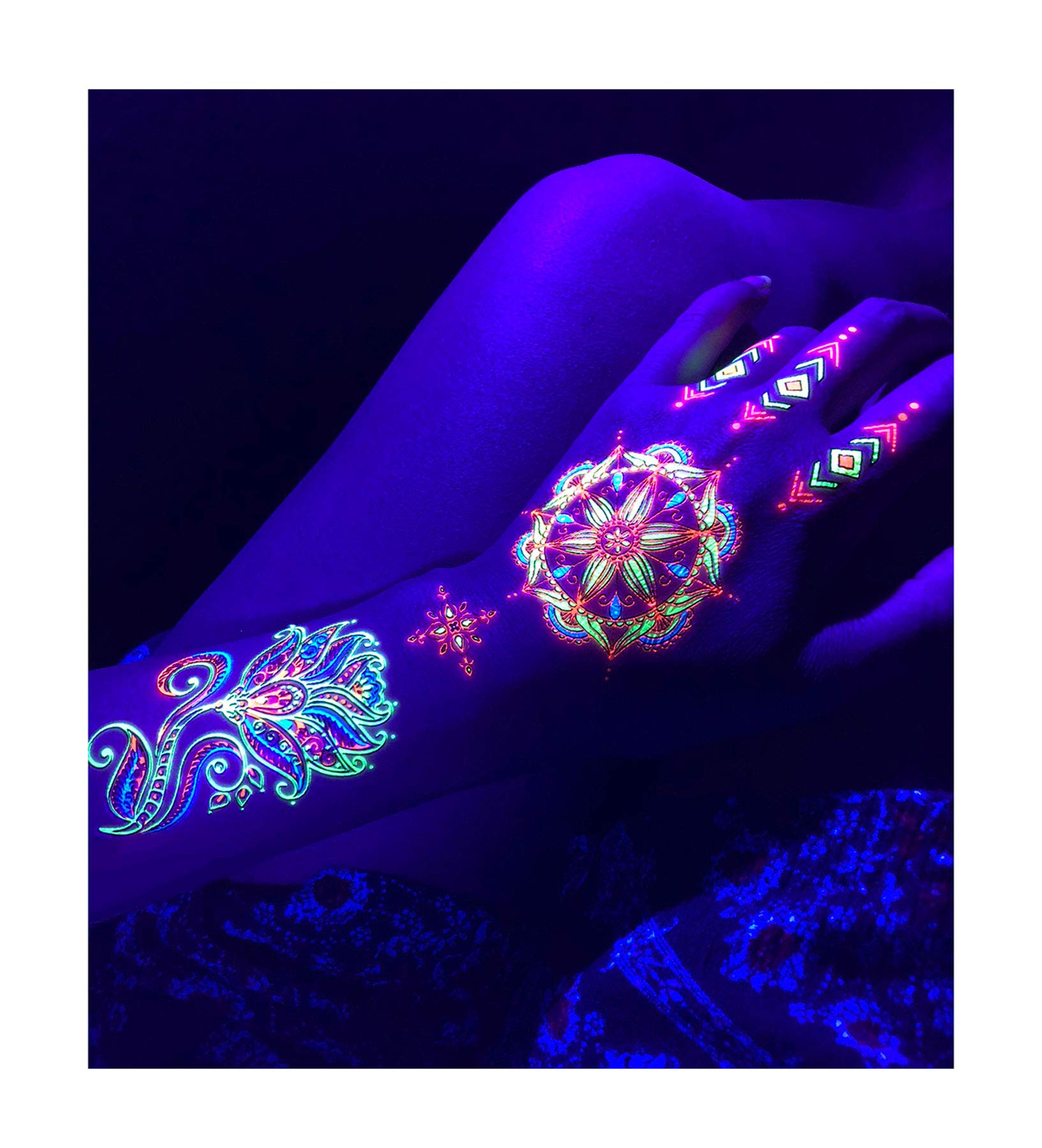 Temporary Tattoos for Glow Party UV Blacklight – 1 Sheet Lotus Floral Body Paint Art Light Festival Accessories Glow in the Dark Makeup | 7.2” x 5.2” Temp Great for EDM EDC Party Rave Parties