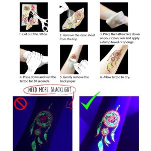 Temporary Tattoos for Glow Party UV Blacklight – 1 Sheet Lotus Floral Body Paint Art Light Festival Accessories Glow in the Dark Makeup | 7.2” x 5.2” Temp Great for EDM EDC Party Rave Parties