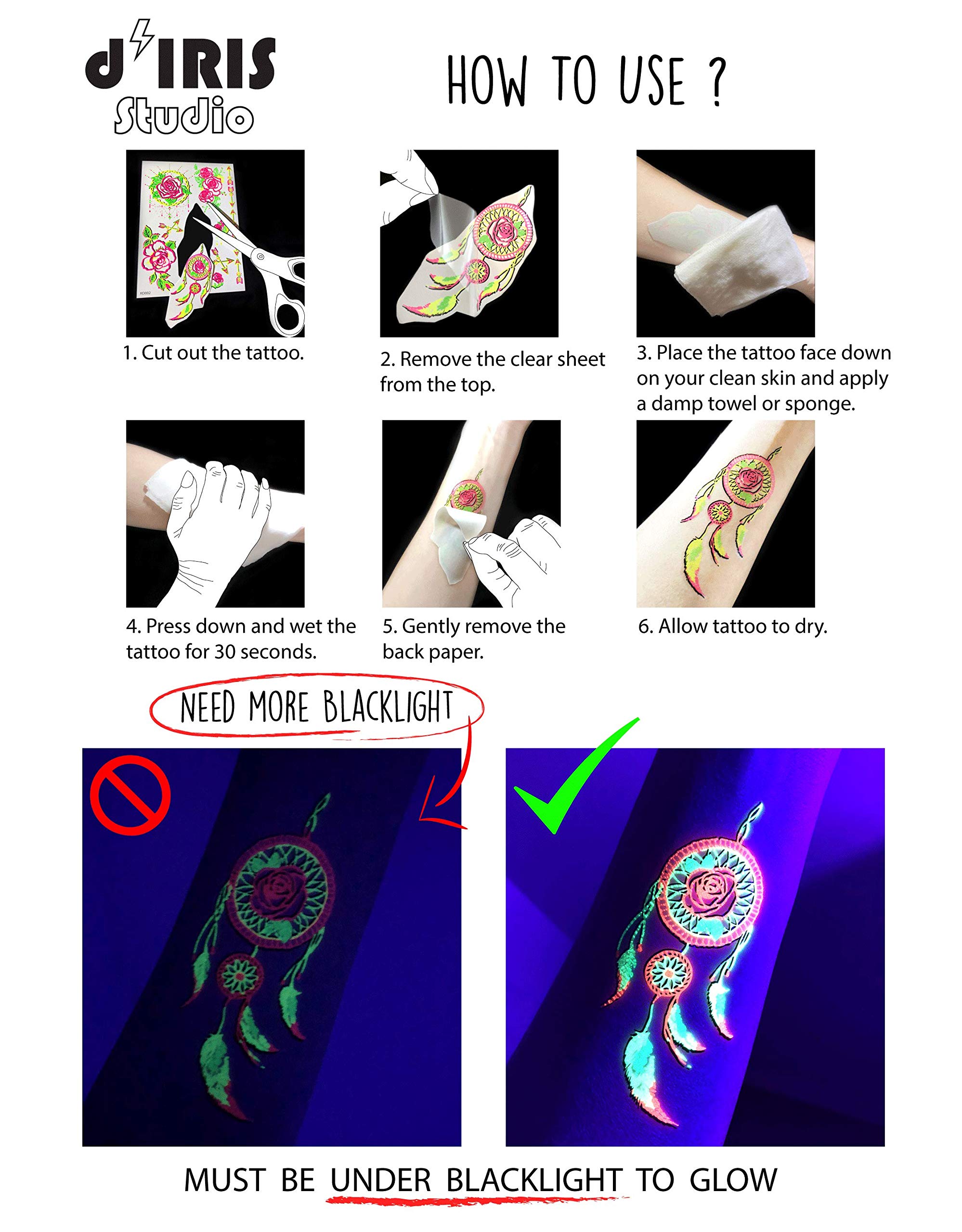 Temporary Tattoos for Glow Party UV Blacklight – 1 Sheet Lotus Floral Body Paint Art Light Festival Accessories Glow in the Dark Makeup | 7.2” x 5.2” Temp Great for EDM EDC Party Rave Parties