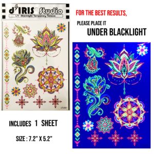 Temporary Tattoos for Glow Party UV Blacklight – 1 Sheet Lotus Floral Body Paint Art Light Festival Accessories Glow in the Dark Makeup | 7.2” x 5.2” Temp Great for EDM EDC Party Rave Parties