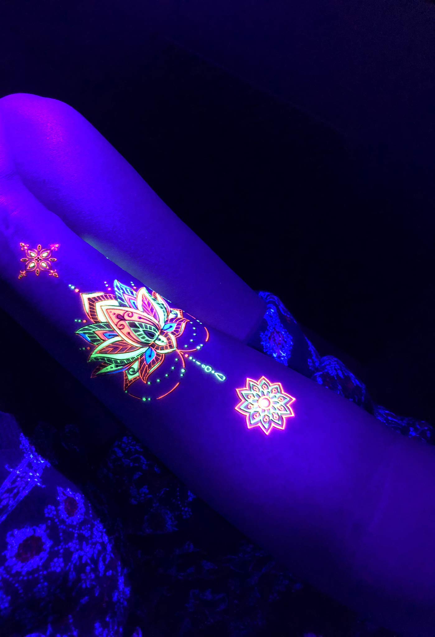 Temporary Tattoos for Glow Party UV Blacklight – 1 Sheet Lotus Floral Body Paint Art Light Festival Accessories Glow in the Dark Makeup | 7.2” x 5.2” Temp Great for EDM EDC Party Rave Parties