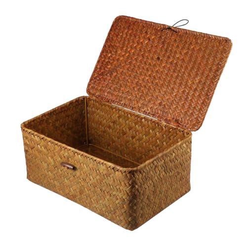 Vosarea Rattan Storage Basket,11 inch,Straw Seaweed Basket,Hand-Woven Storage Basket Multipurpose Container with Lid for Desktop Home Decoration Size L