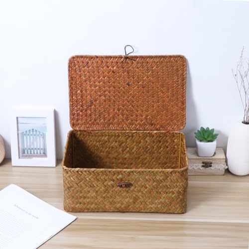 Vosarea Rattan Storage Basket,11 inch,Straw Seaweed Basket,Hand-Woven Storage Basket Multipurpose Container with Lid for Desktop Home Decoration Size L