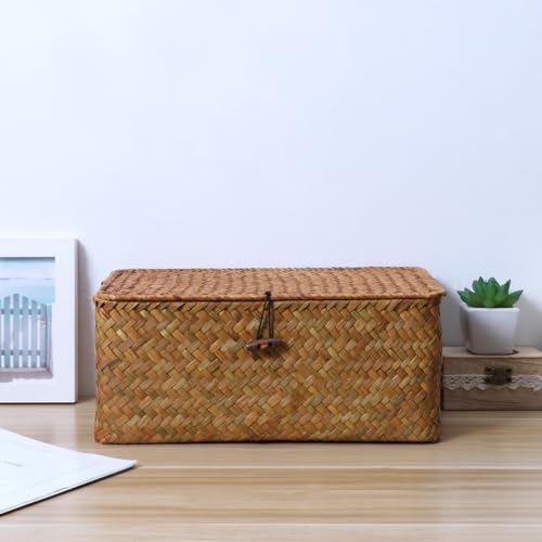 Vosarea Rattan Storage Basket,11 inch,Straw Seaweed Basket,Hand-Woven Storage Basket Multipurpose Container with Lid for Desktop Home Decoration Size L