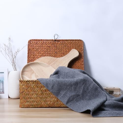 Vosarea Rattan Storage Basket,11 inch,Straw Seaweed Basket,Hand-Woven Storage Basket Multipurpose Container with Lid for Desktop Home Decoration Size L