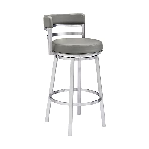 Armen Living Madrid 30" Bar Height Swivel Modern Grey Faux Leather and Brushed Stainless Steel Bar Stool for Kitchen Island Counter