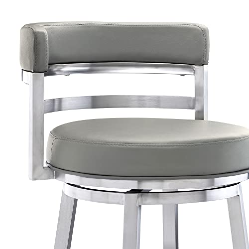 Armen Living Madrid 30" Bar Height Swivel Modern Grey Faux Leather and Brushed Stainless Steel Bar Stool for Kitchen Island Counter