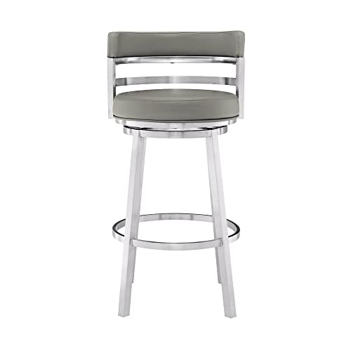 Armen Living Madrid 30" Bar Height Swivel Modern Grey Faux Leather and Brushed Stainless Steel Bar Stool for Kitchen Island Counter