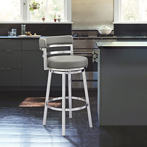 Armen Living Madrid 30" Bar Height Swivel Modern Grey Faux Leather and Brushed Stainless Steel Bar Stool for Kitchen Island Counter