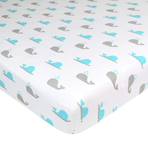 TL Care Fitted Pack N Play Playard Sheet 27" x 39", Soft Breathable Neutral 100% Cotton Jersey Pack and Play Sheet, Aqua Whales, for Boys and Girls, Fits Most Mini Crib Mattresses