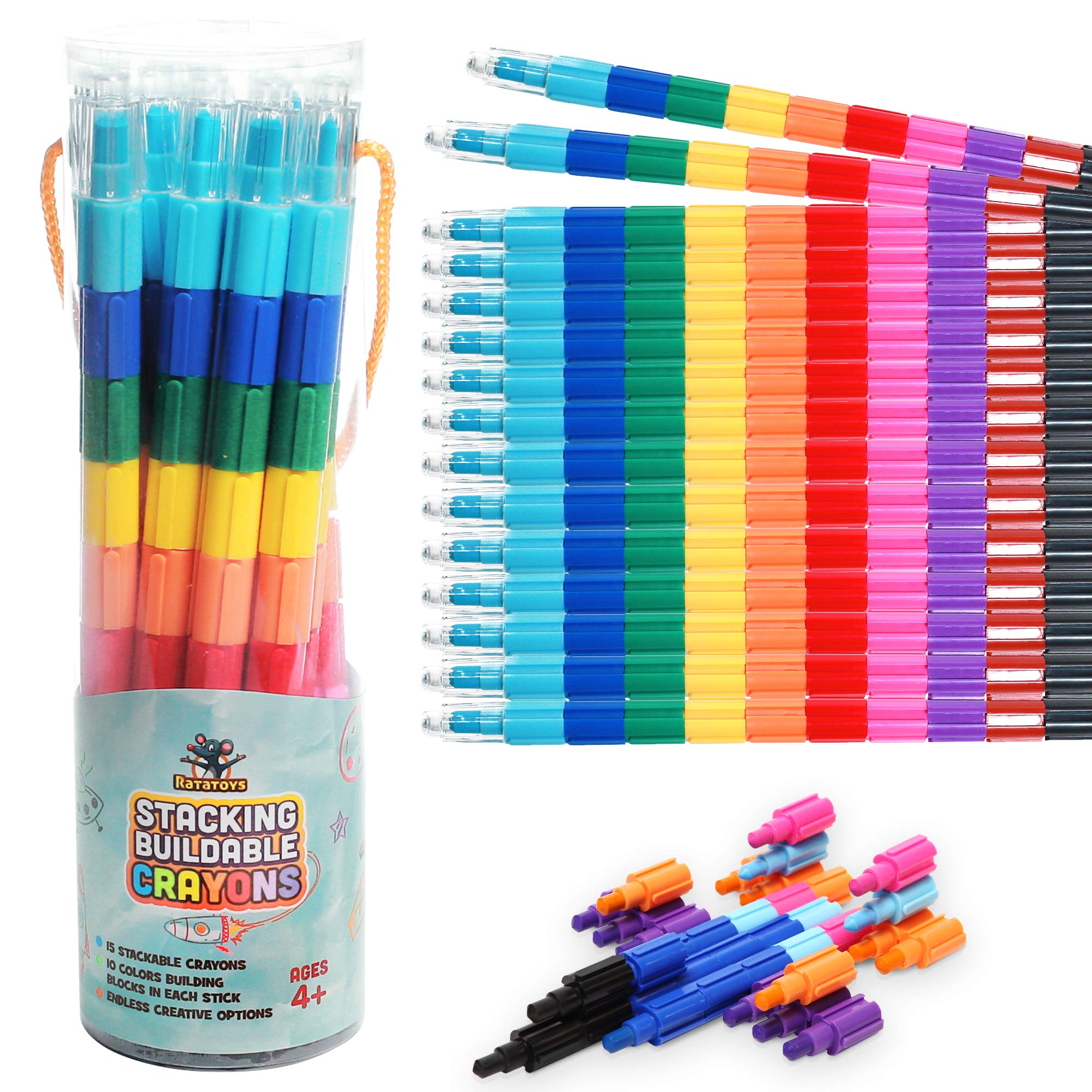 Ratatoys Stacking Crayons, 15 pc Set, Buildable and Stackable for Drawing, Coloring, or Arts and Crafts, Large Preschool Friendly Connect Pieces, Party Favor and Classroom Fun