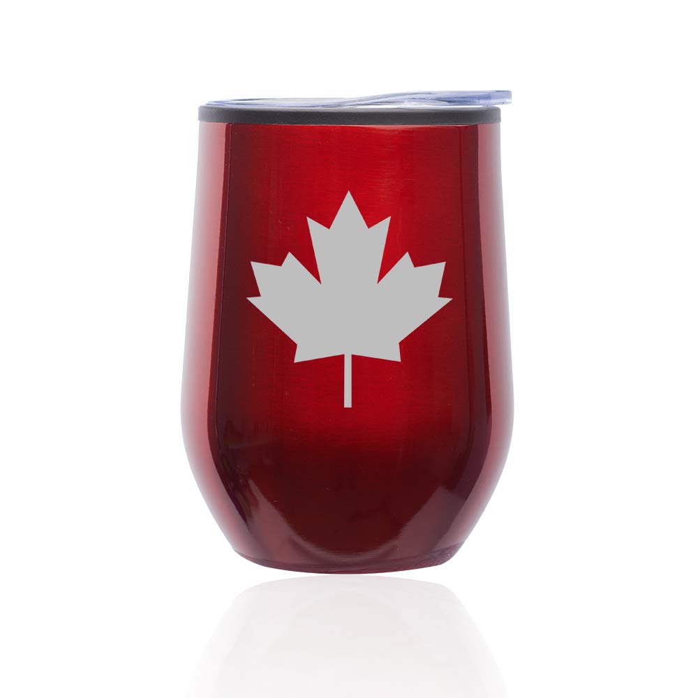 Stemless Wine Tumbler Coffee Travel Mug Glass With Lid Maple Leaf Canada (Red)