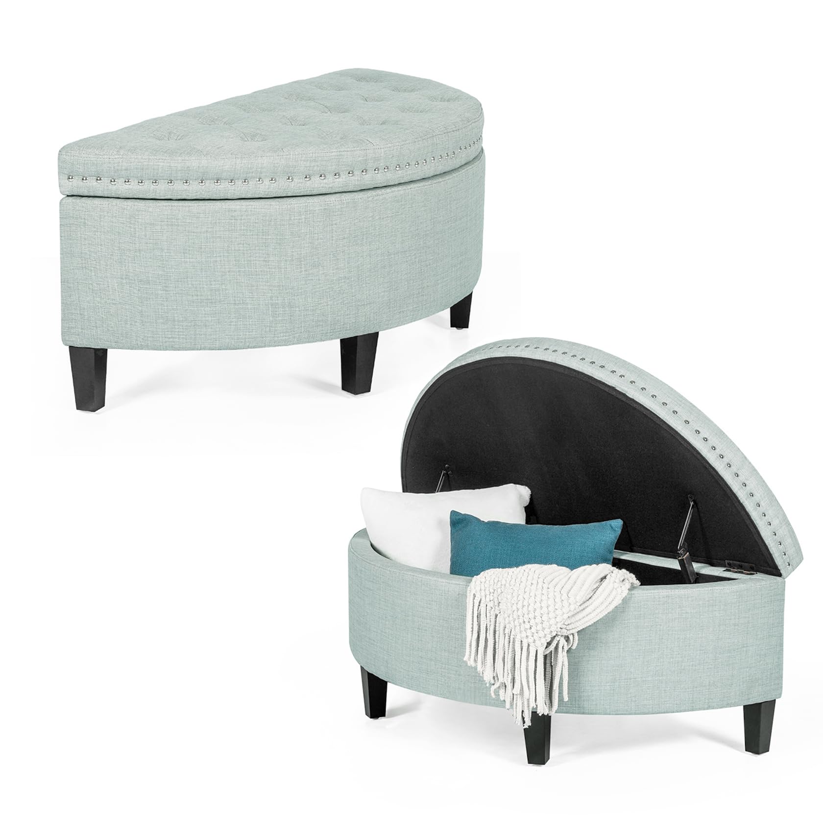 Joveco Storage Bench Half Moon Button Tufted Ottoman with Rivet Storage Room Organizer for Living Room Bedroom Entryway (Light Blue)