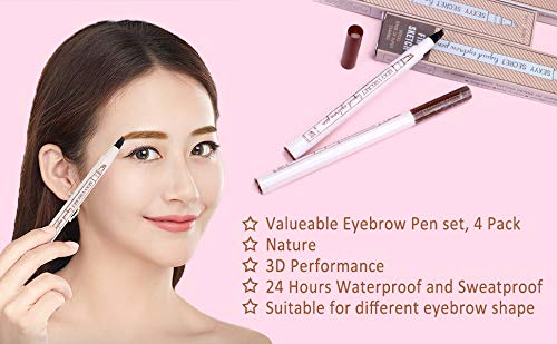 Microblading Eyebrow Pen, 4 Pack Brow Pen Brown, 24 Hours Waterproof Tattoo Pen for Eyebrow, Micro-Fork Tip Brow Pencil, 3D Nature Brow Pen, Eyebrow Pencils