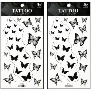 Tattoos 2 Sheets Temporary Tattoo 3D Black Butterfly Dashed lines for Women Men Lower Back Shoulder Neck Arm Tattoo Sticker Party Fashion