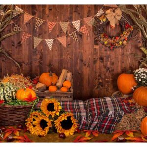 Funnytree 7x5ft Fall Thanksgiving Photography Backdrop Rustic Wooden Floor Barn Harvest Background Autumn Pumpkins Maple Leaves Sunflower Baby Portrait Party Decoration Photo Studio Booth Props