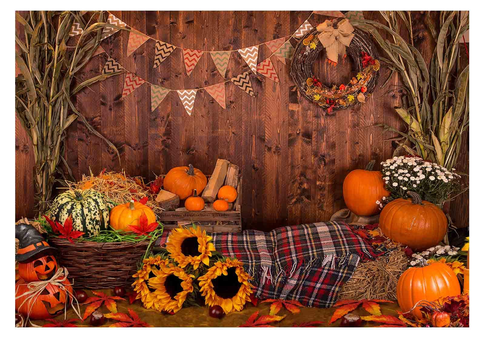 Funnytree 7x5ft Fall Thanksgiving Photography Backdrop Rustic Wooden Floor Barn Harvest Background Autumn Pumpkins Maple Leaves Sunflower Baby Portrait Party Decoration Photo Studio Booth Props