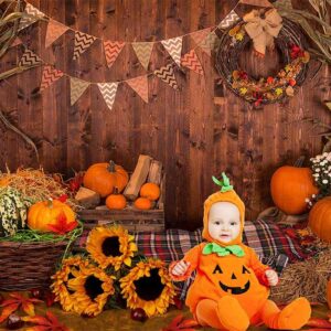 Funnytree 7x5ft Fall Thanksgiving Photography Backdrop Rustic Wooden Floor Barn Harvest Background Autumn Pumpkins Maple Leaves Sunflower Baby Portrait Party Decoration Photo Studio Booth Props